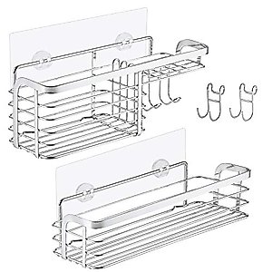 Lagute 2-Pack Shower Caddy, Combined Bathroom Shelf with Soap Dish and Hooks for Razor, Brush, Sponge, Shampoo, Wall Mounted Rustproof Deep Basket with Adhesive, No Drilling, SUS 304 Stainless Steel