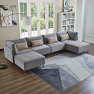 Familymill 143'' U-Shaped Convertible Linen Sectional Sofa Living Room Sofa Couch with 2 Ottomans, Grey