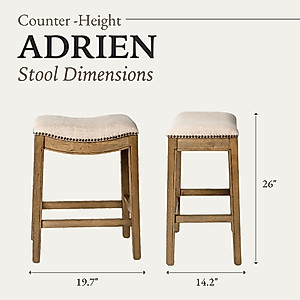 Maven Lane Adrien 26 Inch Counter Height Upholstered Backless Saddle Barstool in Natural Wood Finish with Wheat Cream Fabric Cushion Seat