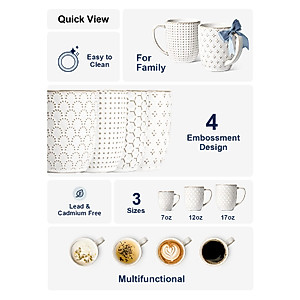 LE TAUCI Coffee Mugs 12 oz, Ceramic Mug Set, Embossment Cups for Latte, Hot Tea, Cappuccino, Mocha, Cocoa，Suit For Housewarming Wedding - 3.4 inch, Set of 4, Arctic White