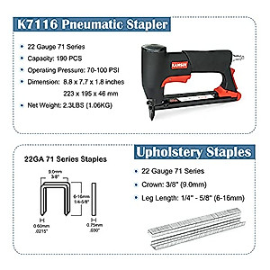 KAMSIN K7116 22 Gauge Pneumatic Upholstery Staple Gun 3/8-Inch Crown 71 Series Air Power Fine Wire Stapler 1/4-Inch to 5/8-Inch Leg Length Upholstery Stapler Furniture Stapler for Fabric, Upholstering