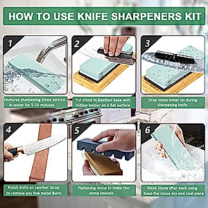 Whetstone Knife Sharpener - 400/1000 3000/8000 Grit Wet Stone Knife sharpening kit for knives chisel with Non-slip Rubber Base Angle Guide Flattening Leather Strop Cut Resistant Gloves