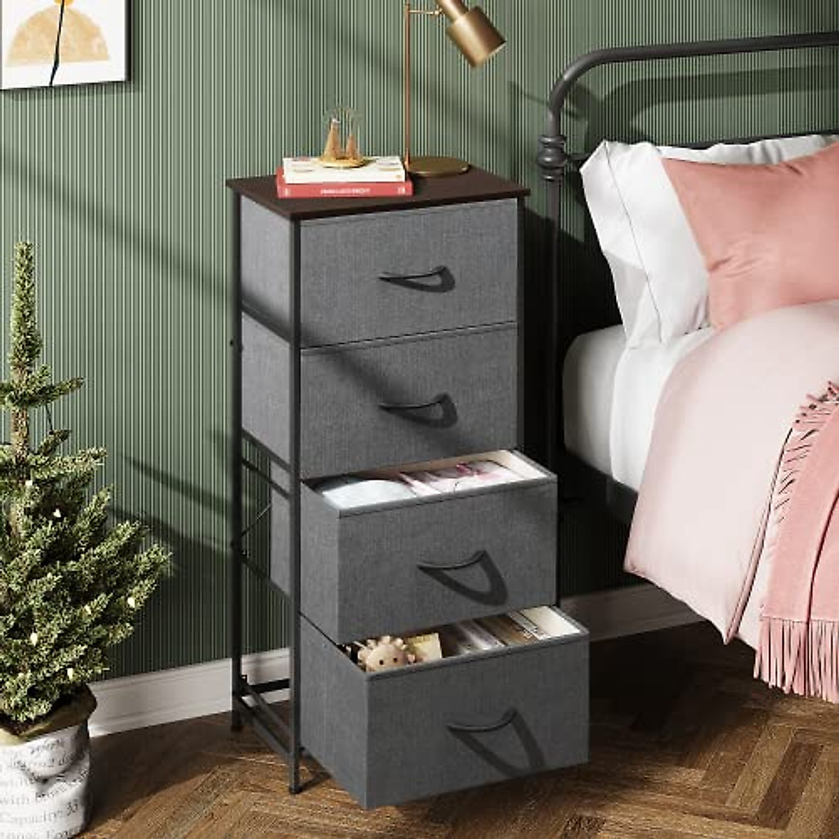 WLIVE Dresser with 4 Drawers, Storage Tower, Organizer Unit, Fabric Dresser for Bedroom, Hallway, Entryway, Closets, Sturdy Steel Frame, Wood Top, Easy Pull Handle, Dark Grey