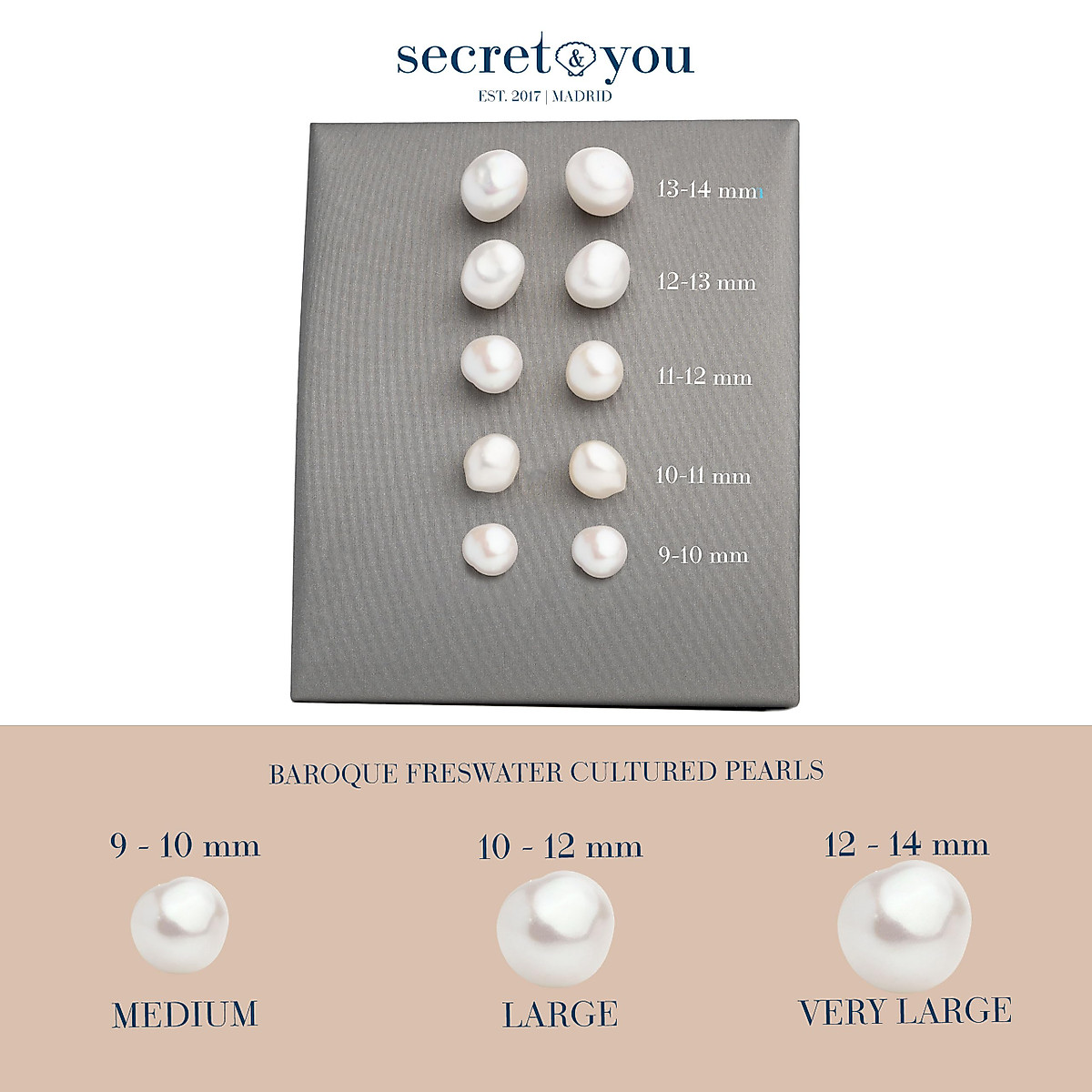 Secret & You – Women Pearl Stud Earring Freshwater Cultured Pearl | Baroque Shape | Sterling Silver 925, Available in 5 Sizes From 9-10 mm up to 13-14 mm