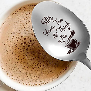 family Kitchen Funny Stir Your Tea and Think of Me Engraved Stainless Steel Coffee Tea Spoon, Coffee Tea Lover Gift for Husband Wife Couple Birthday Valentine Anniversary Christmas Gift