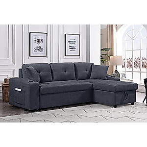 BIADNBZ Reversible Sleeper Sofa Bed 2 in 1 Pull Out Couch with Storage Chaise 2 Cup Holders Two Side Pockets and Pillows for Living Room, Dark Grey