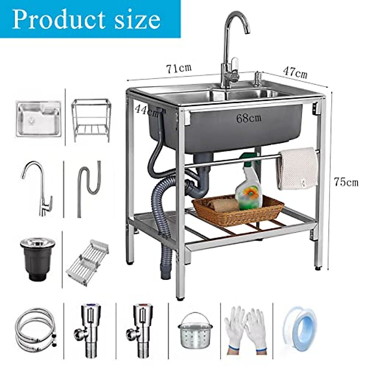 Stainless Steel Sink, 68 * 44cm Kitchen Home Sink, All-in-One Standing Utility Small Wash Basin 1 Compartment Hygienic Robust Sink for Outdoor Indoor Garage Kitchen Laundry