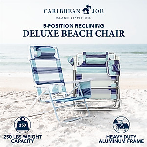 Caribbean Joe Folding Beach Chair, 5 Position Lightweight, Portable Reclining Outdoor Camping Chair with Headrest, Shoulder Strap, and Cup Holder, Horizon Stripe