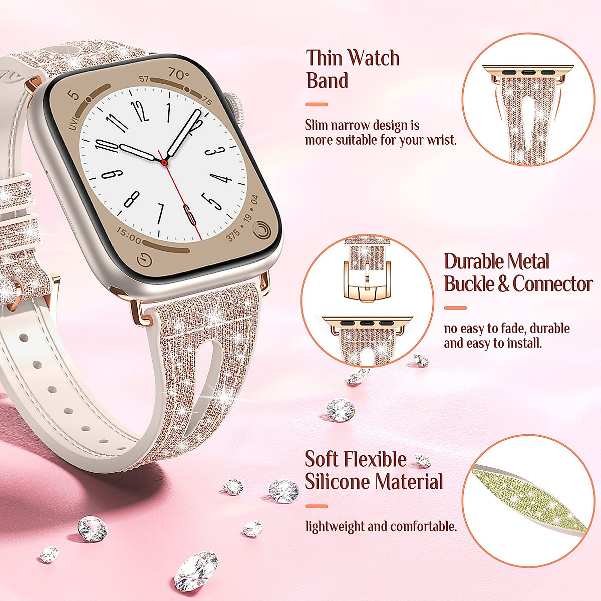Goton Bling Silicone Band Compatible with Apple Watch 46mm 45mm 44mm 42mm 41mm 40mm 38mm Series 10 9 8 7 6 5 4 3 2 SE Women, Glitter Strap Accessories