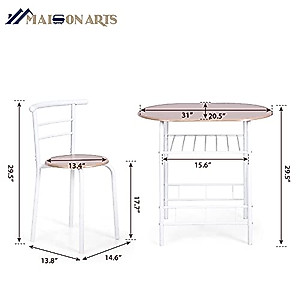 MAISON ARTS 3 Piece Round Dining Room Table Set for 2 Space Saving Small Dining Table with 2 Chairs for Kitchen, Dining Room, Breakfast,Compact Space w/Steel Frame, Built-in Wine Rack, Oak Color