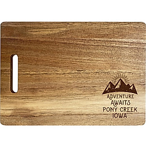 Pony Creek Iowa Camping Souvenir Engraved Wooden Cutting Board 14" x 10" Acacia Wood Adventure Awaits Design