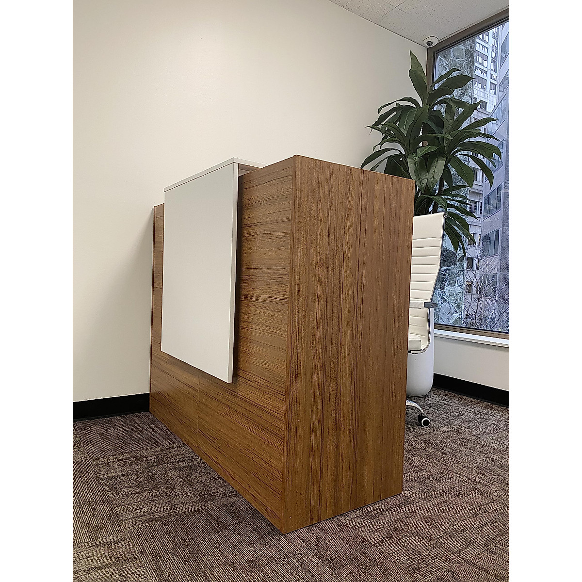 UGOS ICN 53" Modern Reception Desk, Multifunctional Modern,Transaction Countertop, Laminate Desktop, Standing Front Table for Office, Home, School, Salon, Spa - Teak and White