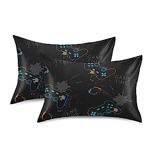 Oyihfvs Seamless Video Game Gamepad Joysticks in Black Blue Neon on Black Silky Satin Pillowcase for Hair and Skin, Soft Bed Pillow Cover, Decorative Silk Pillow Cases, King Size 20x40 inches