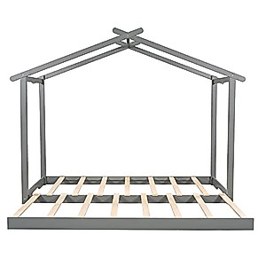 KoiHome Twin Size/King Size Low House Platform Bed with Trundle, Solid Wood Floor Bed Frame with Support Slat for Kids,Teens Bedroom, Roof Design, Creative & Funny, No Box Spring Need, Gray