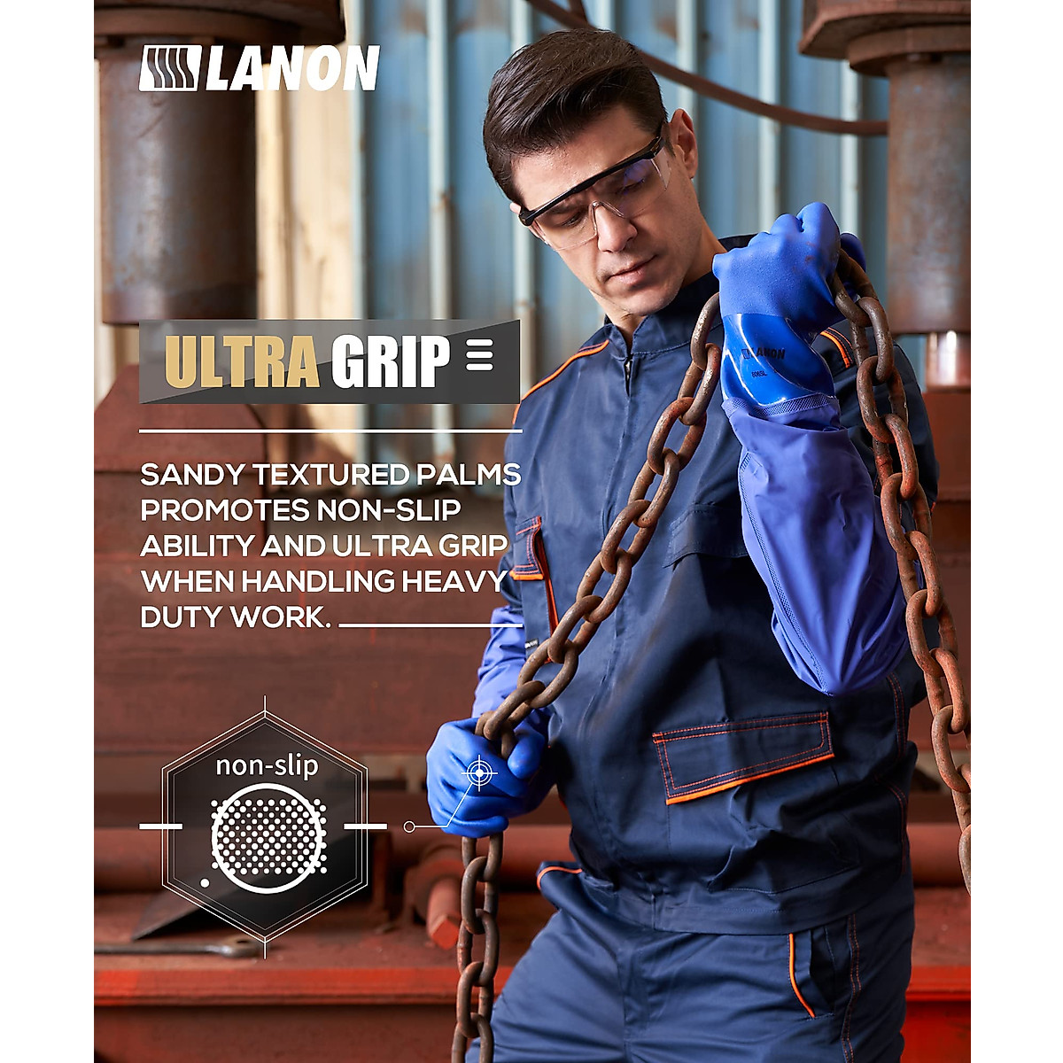 LANON 26" Elbow Length PVC Chemical Resistant Gloves, Heavy-Duty Long Rubber Gloves, Acid, Alkali & Oil Protection, XL