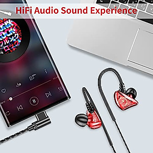 HoneyAKE USB Type C Headphone Earbuds Earphones with Microphone (Mic) in-Ear Wired Volume Control for Samsung Galaxy S8 Google Pixel 2 XL OnePlus 5 5T 3T, Over Ear Buds for Kids Women Small Ears Red