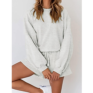 MEROKEETY Women's 2025 Fall Oversized Batwing Sleeve Lounge Sets Casual Top and Shorts 2 Piece Outfits Sweatsuit Light Grey