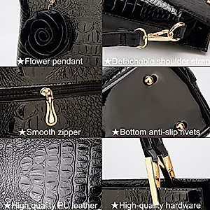 XingChen Shiny Patent Leather Women Handbag Crocodile Pattern Shoulder Bag Flower Pendant Top Handle Tote Satchel Purse Black
