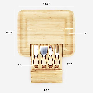 Slice of Goodness Bamboo Cheese Board Set - Large Wooden Charcuterie Boards Accessories Set with Narrow and Flat Knives, Cheese Fork, and Small Spade Inside Hidden Drawer