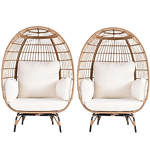 OTSUN Egg Chair Set of 2, Oversized Wicker Egg Basket Chair with 4 Cushions, 440lb Capacity, Outdoor Indoor Lounger for Living Room, Patio, Balcony, Backyard, Ivory