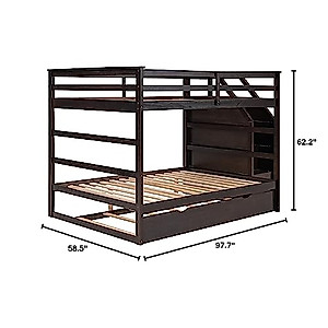 ODC Full Over Full Bunk Bed with Trundle,Solid Wood Stairway Bunk Bed with Twin Size Trundle and 3 Storage Stairs, Full Length Guardrail for Guests Room,Bedroom
