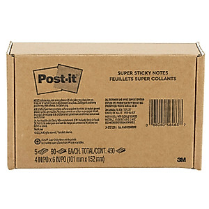 Post-it Super Sticky Notes, 4x6 in, 5 Pads/Pack, 90 Sheets/Pad, Amazon Exclusive Bright Color Collection, Aqua Splash, Acid Lime, Sunnyside, Guava and Iris Infusion