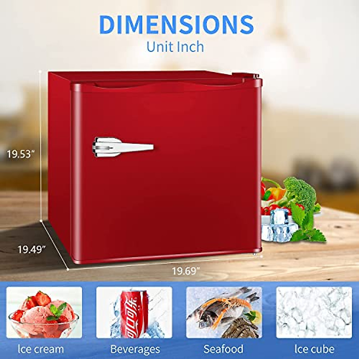 Antarctic Star Mini Upright Freezer -1.2 cu.ft Compact freezer with Removable Shelves and Adjustable Thermostat, for Home/Kitchen/Office(Red)