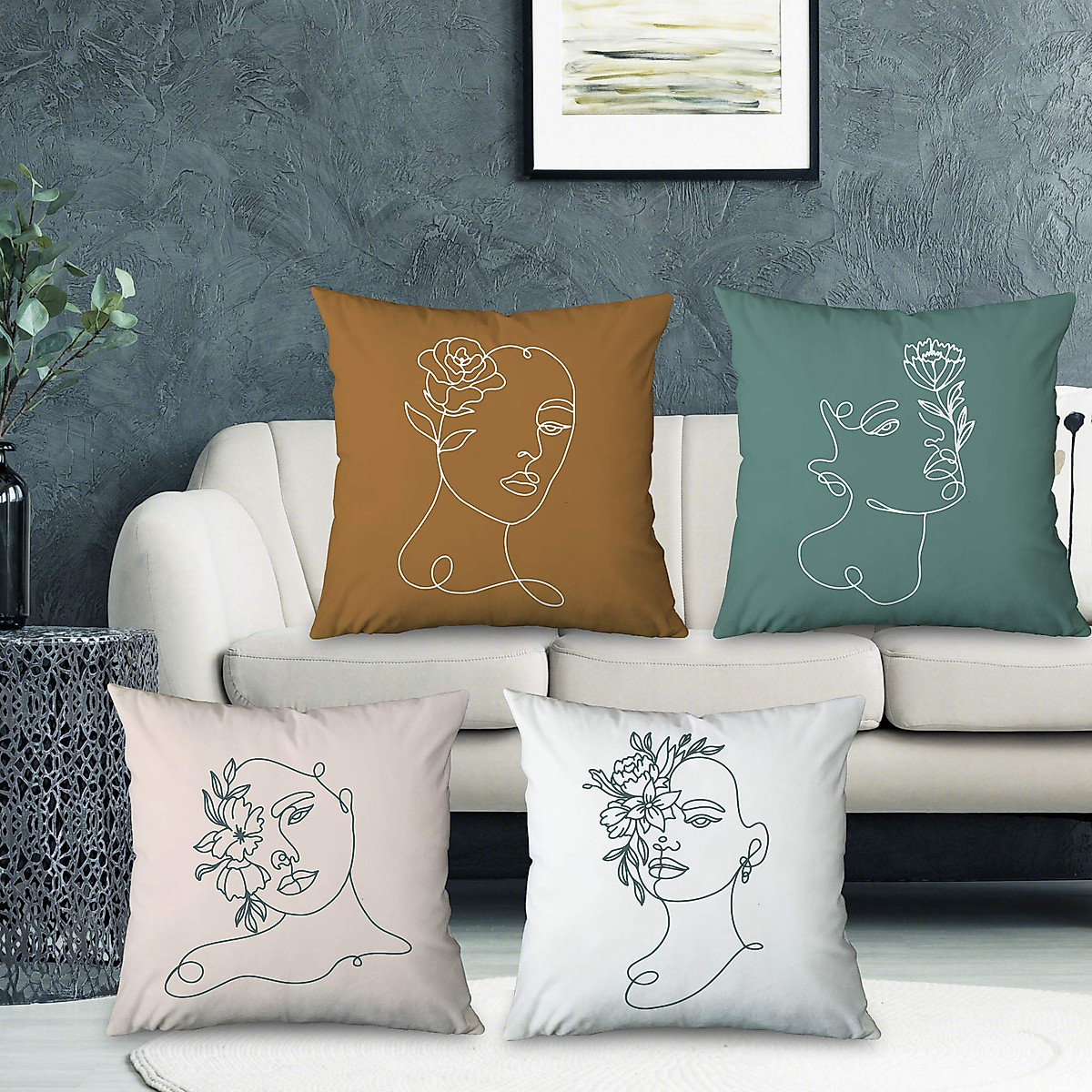 Toobaso Abstract Face Throw Pillow Covers Set of 4,Garden Bench Outdoor Pillow Covers 18x18,Modern Minimalist Line Art Women Home Decor Zippered Pillow Cases for Living Room Office Sofa