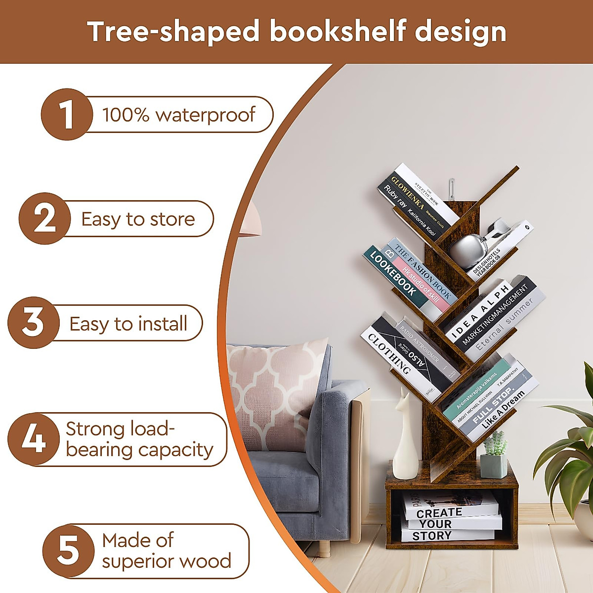 Luckyeestar 6 Tier Tree Bookshelf, Retro Floor-Standing 6 Shelf Bookcase Storage Rack, Wooden Storage Rack Modern Bookshelf, Put Books, Photo Albums, Magazines, CD（ Rustic Walnut）