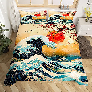 Feelyou Japanese Wave Bedding Set King Size Kids Cherry Blossoms Comforter Cover Set for Boys Girls Teens Japanese Ukiyoe Theme Home Decor Duvet Cover Red Sun Japanese Style Bedspread Cover