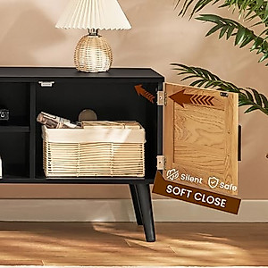 Quimoo Rattan TV Stand for 70 Inch TV, Entertainment Center, TV Console with Adjustable Shelf & 2 Cabinets, TV Stands for Living Room, Bedroom, Black+Natural