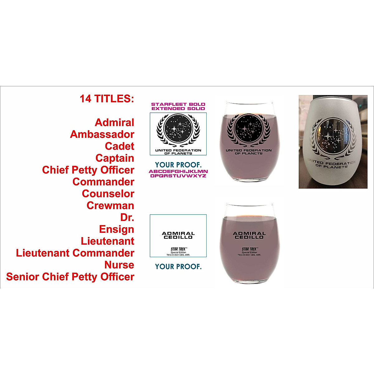 STAR TREK Personalized Federation of Planets Stemless Wine Glass - Premium Quality Licensed, Handcrafted Glassware, 15oz Collectible Gift for Series Lovers