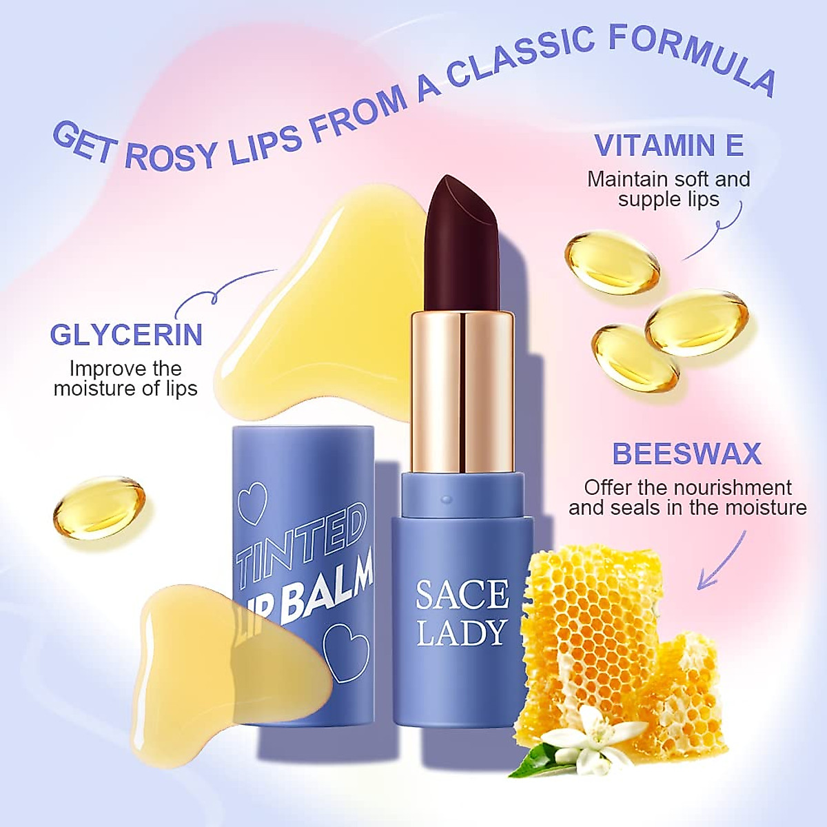 SACE LADY 3 Colors Moisturized Tinted Lip Balm Set, SACE LADY Long Lasting Color Changing Lipstick Kit for Dry Lips, Hydrating Waterproof Lip Make Up, 3Pcs*0.14Oz