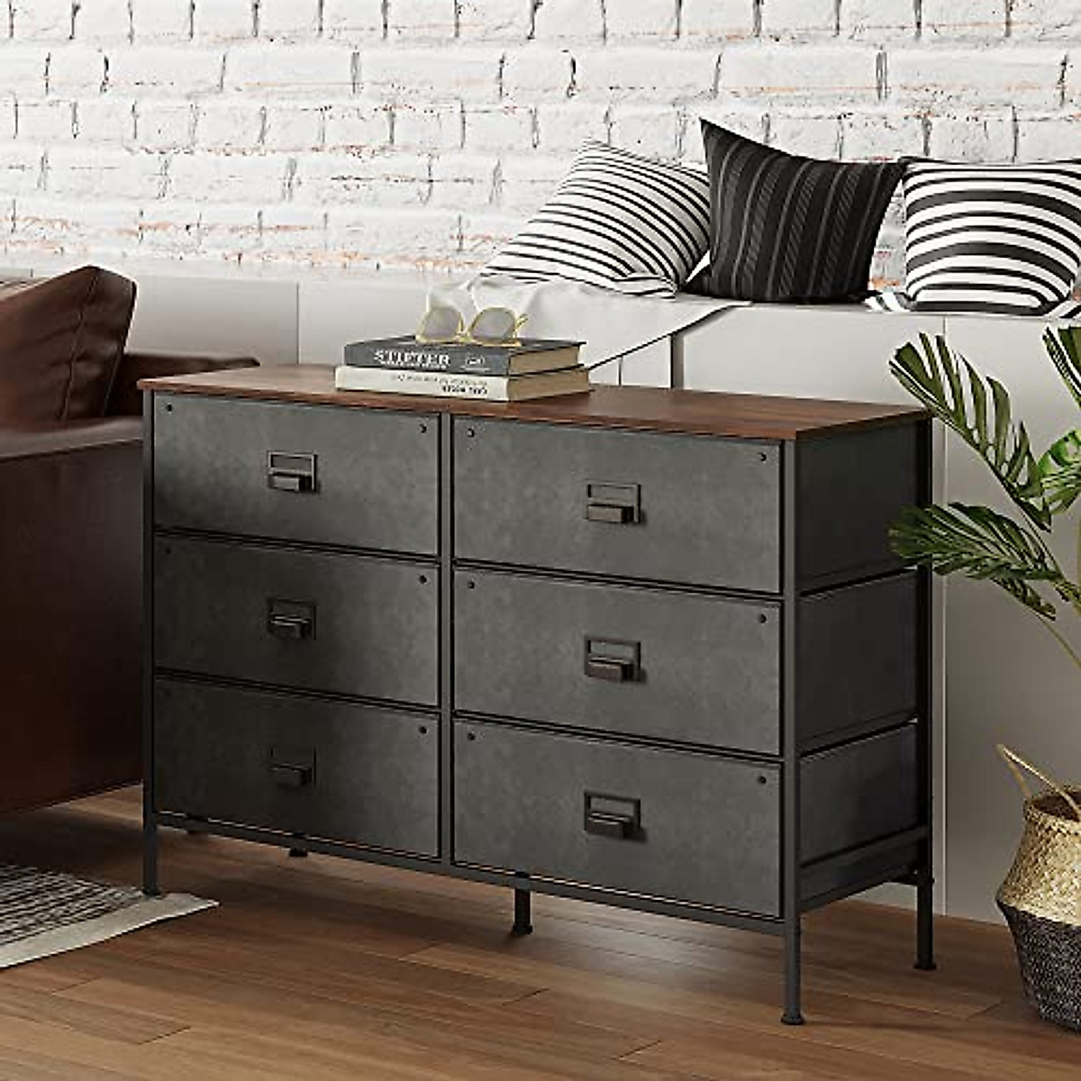 WLIVE Wide Dresser with 6 Drawers, Industrial TV Stand for 50" TV, Entertainment Center with Metal Frame, Wooden Top, Fabric Storage Dresser for Bedroom, Hallway, Entryway, Black
