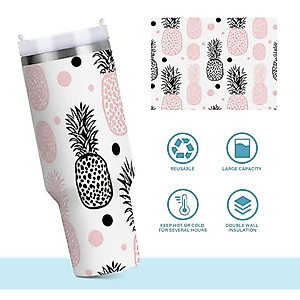 ODAWA Stainless Steel Vacuum Insulated Tumbler 40oz with Lid and Straw, Pineapples Dots White Travel Insulated Tumblers
