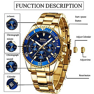 BIDEN Mens Watches Chronograph Gold Blue Stainless Steel Waterproof Date Analog Quartz Watch Business Casual Fashion Wrist Watches for Men