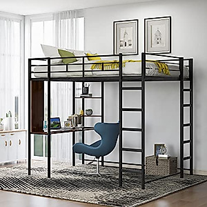 LZ LEISURE ZONE Full Loft Bed with Desk, Metal Full Size Loft Bed Frame with 2 Shelves, Bedroom Furniture, Black