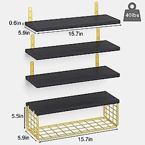 Fixwal 4+1 Tier Floating Shelves Rustic Wood Wall Mounted Shelf, Bathroom Shelves Over Toilet with Wire Storage Basket, Farmhouse Wall Decor for Bedroom, Kitchen, Living Room and Plants (Black Gold)