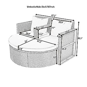 HHOK 2-Piece All-Weather PE Wicker Conversation Sofa, Outdoor Patio Half-Moon Sectional Furniture Set w/Side Table for Umbrella, Suitable for Poolside, Backyard Porch, Rattan+Gray Cushion