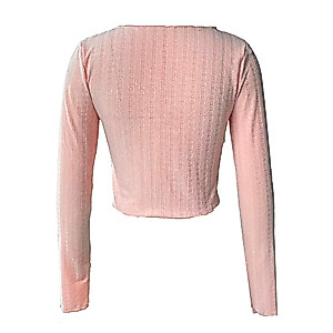 Y2K Women Lace Patchwork V-Neck Knitted Aesthetic Crop Tops Fall Long Sleeve Flim Fit Fairy Grunge Shirt E Girl Streetwear (Pink, S)