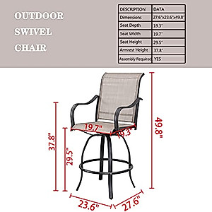 LOKATSE HOME 6 Piece Patio Dining Set Outdoor Furniture Tesling Swivel Chairs Bistro Rotating Stools with Glass Tempered Table for Poolside, Cafe, Porch, Chic Bar, Grey