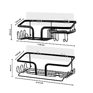 Bathroom Shower Shelf Organizer Rack 2-Pack, Strong Adhesive Shower Caddy with Soap Holder and 11 Hooks, No Drilling Wall Mounted Rustproof Stainless Steel Shower Shelf for Inside Shower, Black