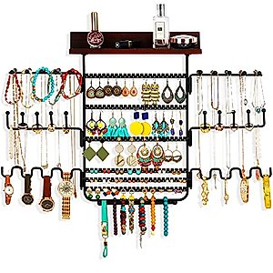 ARIYIBO Hanging Jewelry Organizer Wall Mounted, Earring Organizer Holder Necklace Organizer for Women Girls, Rotating Hanging Jewelry Holder Rustic Wood Shelf Jewelry Display Hanging for Bracelet