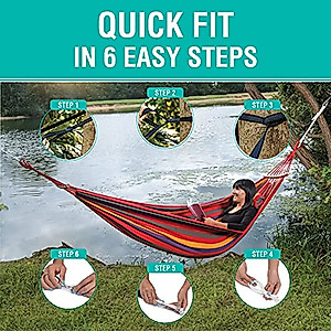 Thecozymonkeys Large Cotton Double Hammock - Tree Hammock for Indoor Outdoor Garden Patio - Cotton Fabric with Portable Bag 2 Tree Straps 2 Premium Carabiners Rope Spreader Bar and Steel Hooks