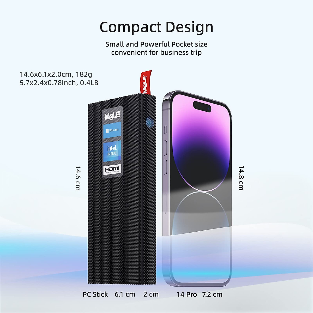 MeLE N5105 Fanless Mini PC Stick PCG02 Pro, 8GB 128GB Mini Computer Stick Windows 11 Pro, Dual HDMI 4K, Wi-Fi 6, Gigabit Ethernet, BT 5.2, USB 3.2 * 2, USB-C Micro PC with VESA Mount