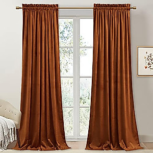 StangH Burnt Orange Velvet Curtains & Pom Pom Blackout Curtains