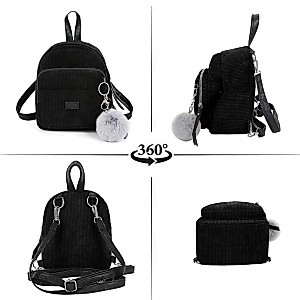 Cute Mini Backpack 3 Way Carry Light-weight Corduroy Casual Daypack Detachable Keyring Fur Pom Pom Ball for Women (black)
