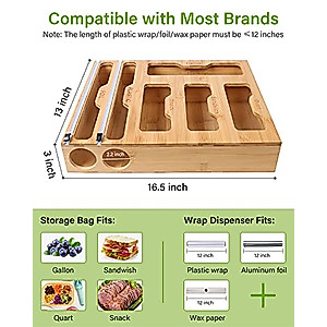 KOCWELL Bag Storage Organizer and Plastic Wrap Dispenser with Cutters, 2 Foil and Plastic Wrap Organizer, 4 Ziplock Bag Holder for Gallon, Quart, Sandwich Snack Variety Size Bags, Bamboo