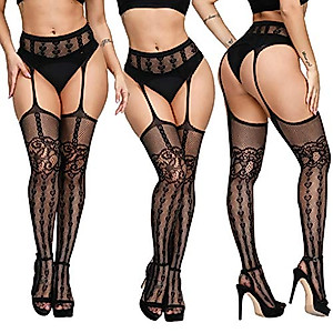 Women Lingerie Garter Belt Stocking Fishnet Thigh High Tights Suspender Pantyhose Lace Patterned See Through Lingerie High Waist Fish Nets Women Tights Mesh Hollow Out Stockings Pantyhose for Women