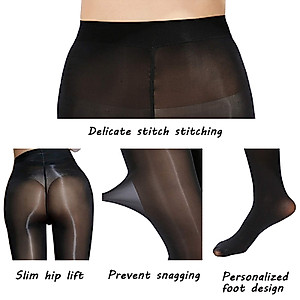 HTRUIYA Women's Oily Shiny Control Top Pantyhose Seamless Sheer Tights 8 Denier High Waist Gloss Stockings-Black